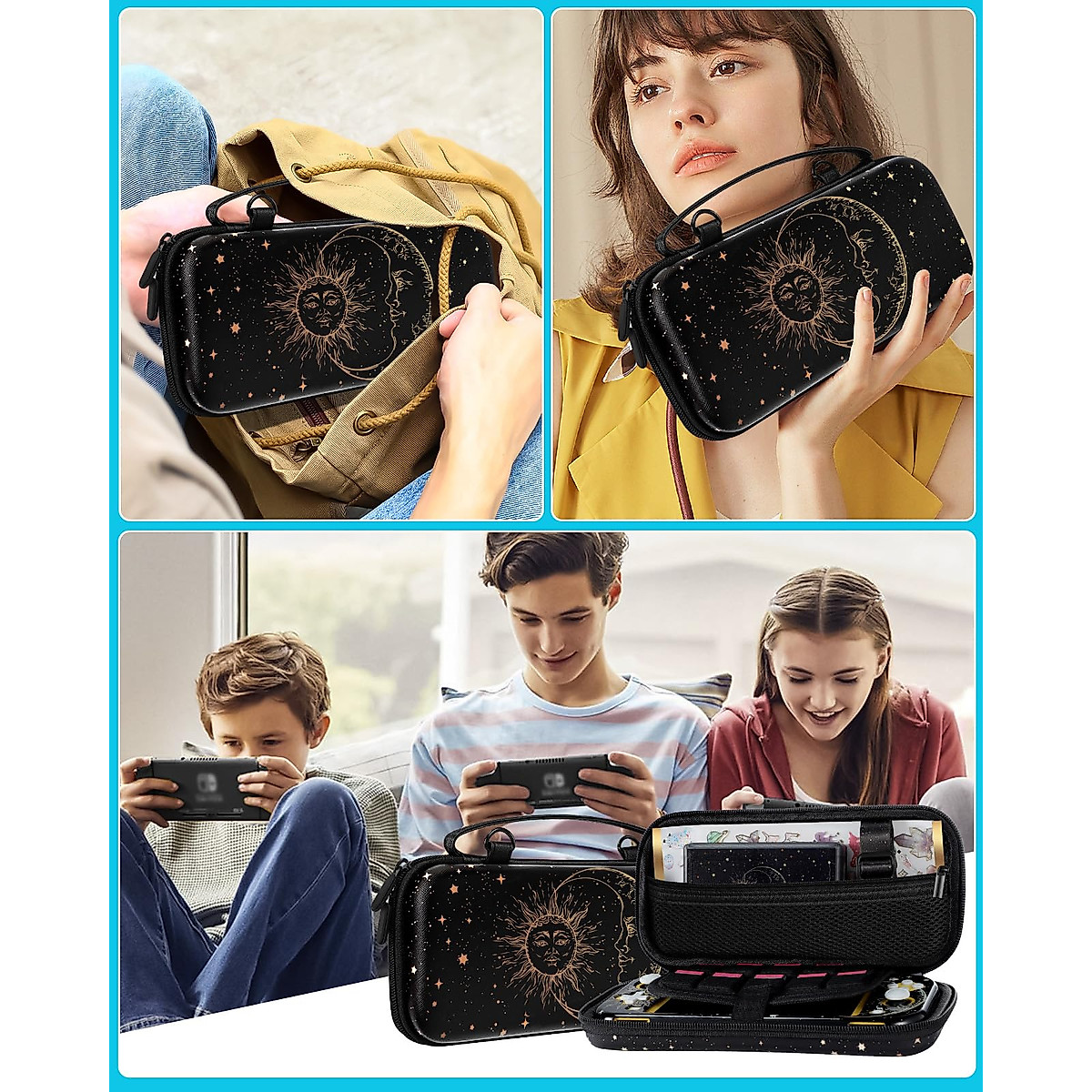 Gurgitat 7in1 Sun Moon Witchy Switch Lite Case for Nintendo Switch Lite Carrying Cases Girly Protective Cover Dockable Skin+Thumb Grips+Game Holder+Shoulder Strap+Sticker for Switch Lite Travel Case