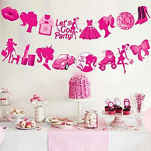 Hot Pink Girl Party Banners Pink Birthday Party Decorations for Girls Hot Pink Princess Banners for Girls Doll Theme Party Ladies Bachelorette Party Supplies