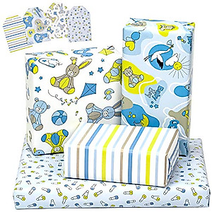 MAYPLUSS Wrapping Paper Large Sheets with Gift Tags - Folded Flat - 4 Different Babyshower Design for Boy - (30.1 sq.ft.ttl.) - 27.5 inch X 39.4 inch Per Shee