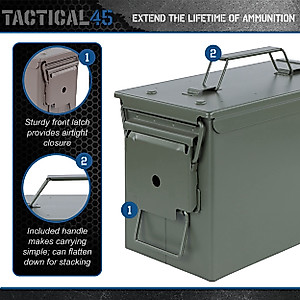 Tactical45 M2A2 50 Cal Ammo Can Army Green Ammo Storage Container with Front Latch System Steel Military Grade Ammo Case