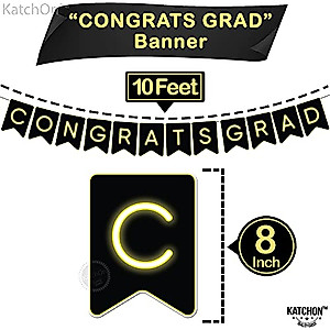 Black, Gold and Silver Star Hanging Swirls - Pack of 30, No DIY | Neon Glow, Congrats Grad Banner - NO DIY, 10 Feet Congrats Banner | Neon Effect Congratulations Banner | Black and Gold Grad Party