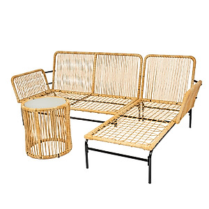 CABSETT 3-Pieces All-Weather Outdoor Patio L-Shape Sofa Set with Round Coffee Table and 3.15-inches Thick Cushion for Backyard, Poolside, Garden, Light Yellow
