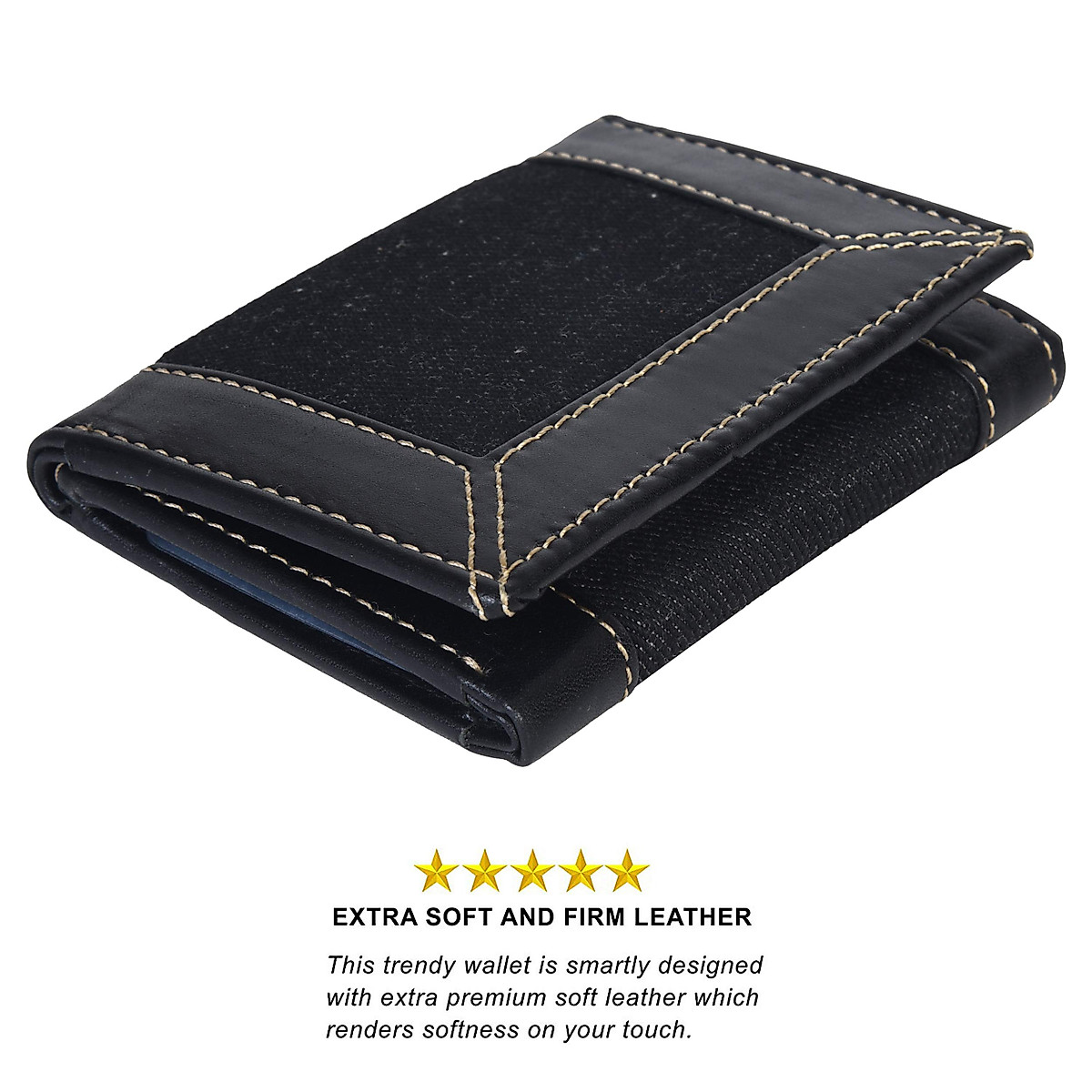 Denim Men's Trifold Designer Wallet - Sleek and Slim Includes ID Window and Credit Card Holder by Leatherboss