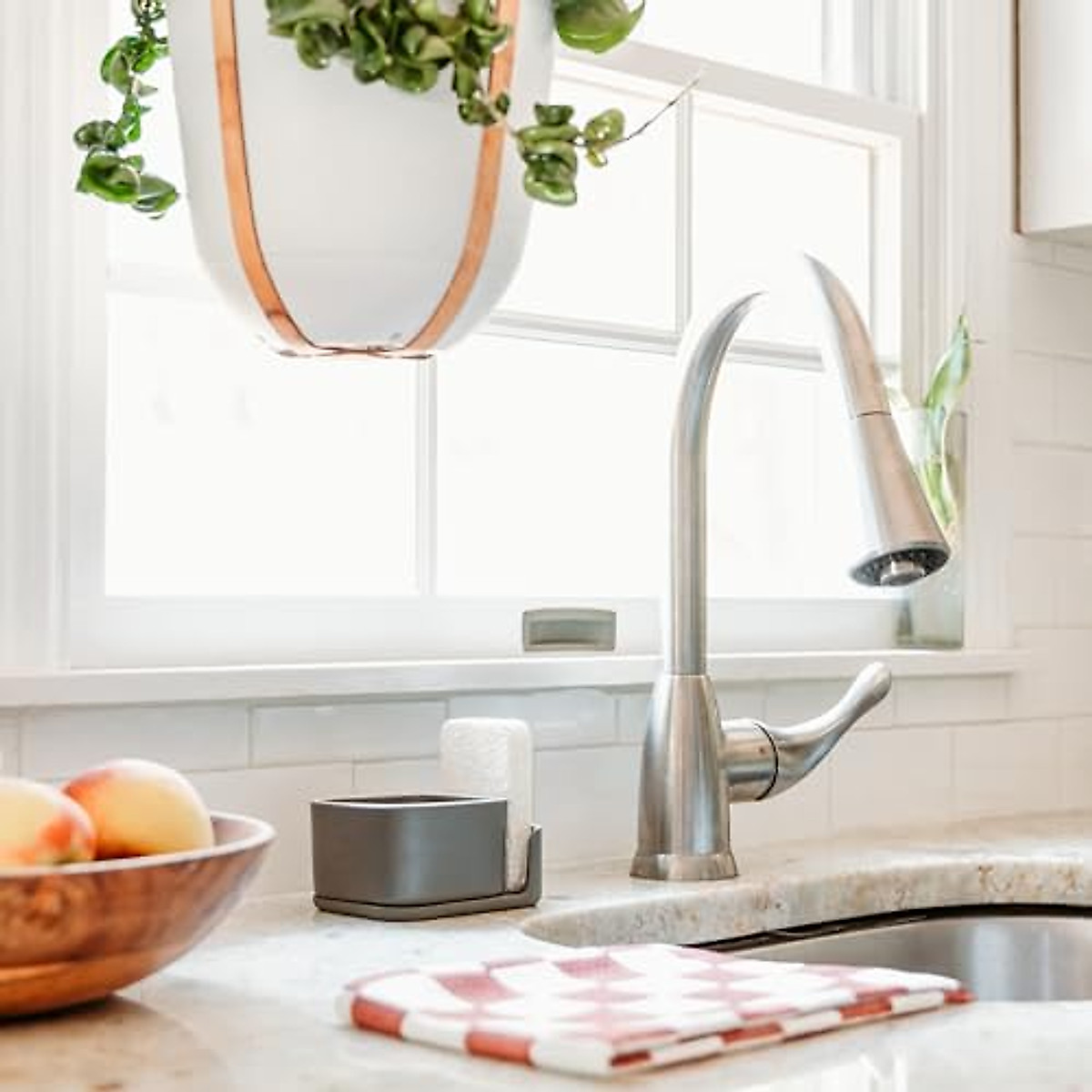 Full Circle Bubble Up Combo - Elegant Gray Ceramic Soap Dish with Eco Sponge & Bamboo-Handled Dish Brush - Versatile Natural Kitchen Cleaning Set Tool for Pots, Pans, Counter & Sink, Gray