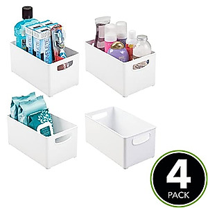 mDesign Plastic Storage Organizer Wide Container Bin with Handles for Bathroom, Home Organization - Holds Vitamins, Supplements, Makeup, Styling Tools - Ligne Collection - 4 Pack - White