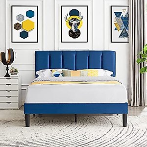 VECELO Full Size Bed Frame, Upholstered Platform Bedframe, Adjustable Headboard, Wood Slat Support, No Box Spring Needed, Easy Assembly, Blue