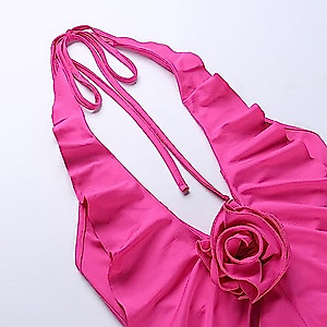 SHESEEWORLD Women's Sexy Summer Sleeveless 3D Flower Halter Ruffle V Neck Cut Out Backless Y2k Flowy Mini Party Dress