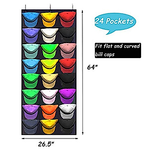 KHIKILY Baseball Hat Rack, 24 Pocket Over-The-Door Cap Organizer with Clear Deep Pockets Wall Mount Bag for Baseball Caps and Hats (Black)