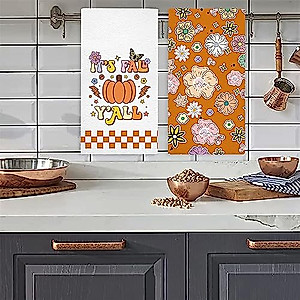 GAGEC Fall Kitchen Towels Retro Pumpkin Season Fall Dish Towels Set of 2, Floral Butterfly Boho Tea Towel 18 x 26 Inch Hand Drying Cloth Towel for Kitchen Home Decoration