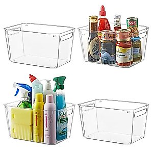 Lifewit 4pcs Large Storage Organizer Bins for Pantry Kitchen, Clear Plastic Storage Basket Set with Handle for Laundryroom Bathroom Cabinet Countertop Organize