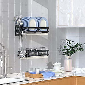 Virgorack Dish Rack, Wall Mounted Stainless Steel Dish Drying Rack, Kitchen Storage with Dish Drainer and Hanging Chopsticks Holder (2 Tier)