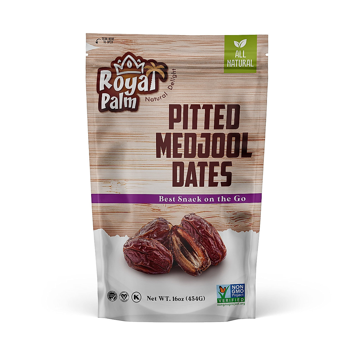 Royal Palm Pitted Medjool Dates, 16oz (Pack of 1) – 100% Natural, No Sugar Added, Non-GMO, Kosher, Fresh & Sweet – Ideal for Baking, Snacking, Energy Snacks, Healthy Eating