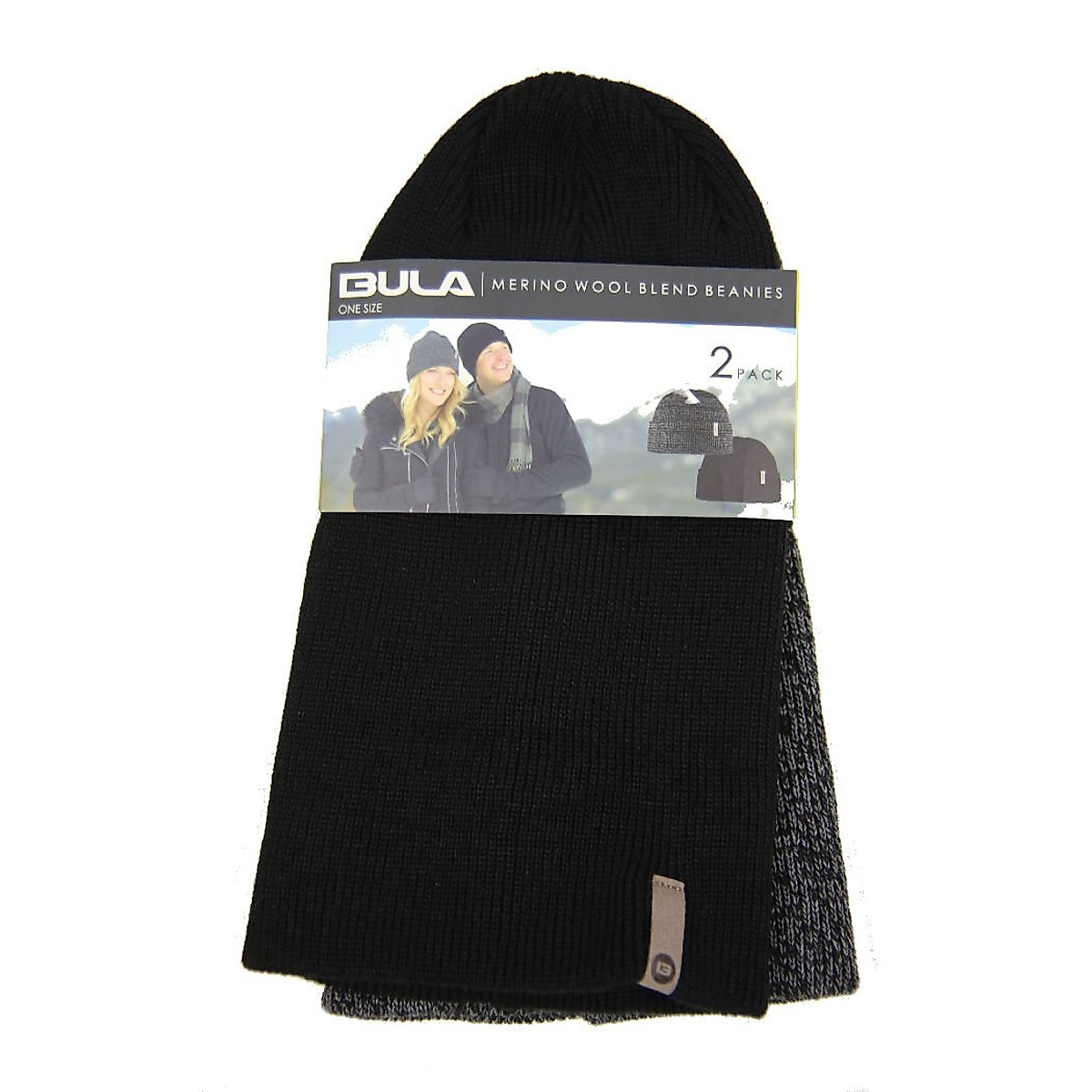 Bula Unisex Merino Wool Blend Beanies 2-Pack, Black/Gray, One Size
