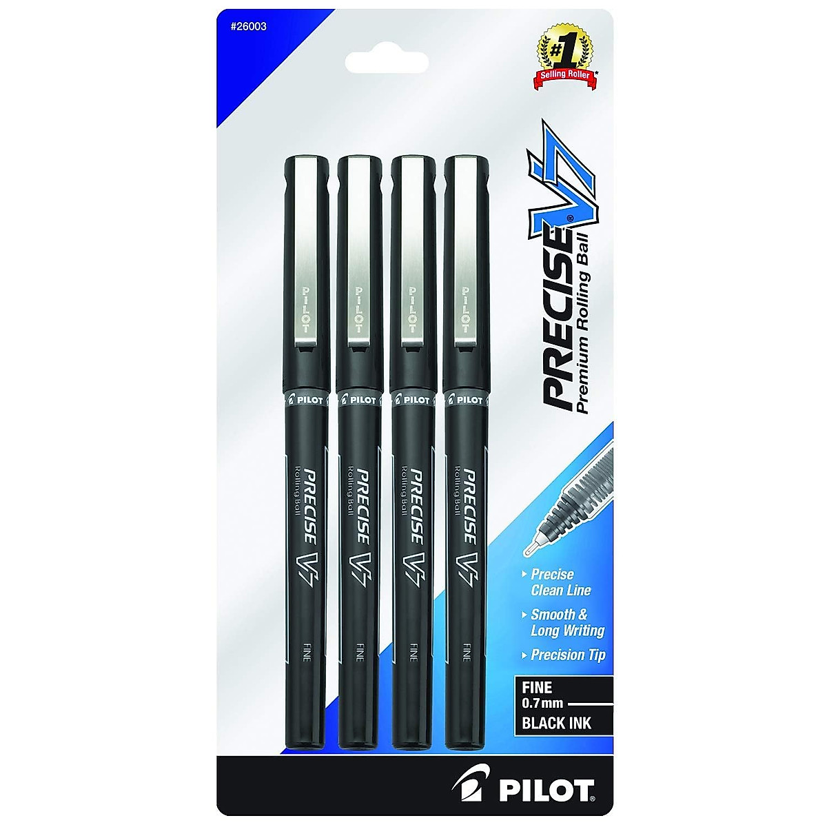 PILOT Precise V7 Stick Liquid Ink Rolling Ball Stick Pens, Fine Point (0.7mm) Black Ink, 4-Pack (26003)