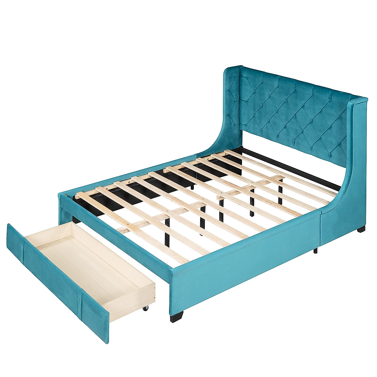EMKK Queen Bed Frame with Storage Drawers and Wingback Headboard, Upholstered Platform Bed with Velvet Design, Strong Wooden Slats Support, No Box Spring Needed