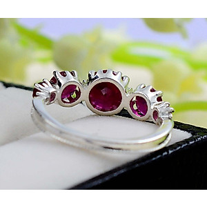 7 MM Round Cut Natural Red Ruby Gemstone 925 Sterling Silver July Birthstone Three Stone Proposal Ring For Girlfriend Gift (Rose Gold Rhodium Plated Silver, 9)