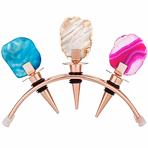 Wine Stoppers, Decorative Wine Bottle Stoppers with Rose Gold stand. Set of 3 Crystal Wine Corks, Stainless steel Champagne Toppers, Wine accessories, gift and more by Wanda Living