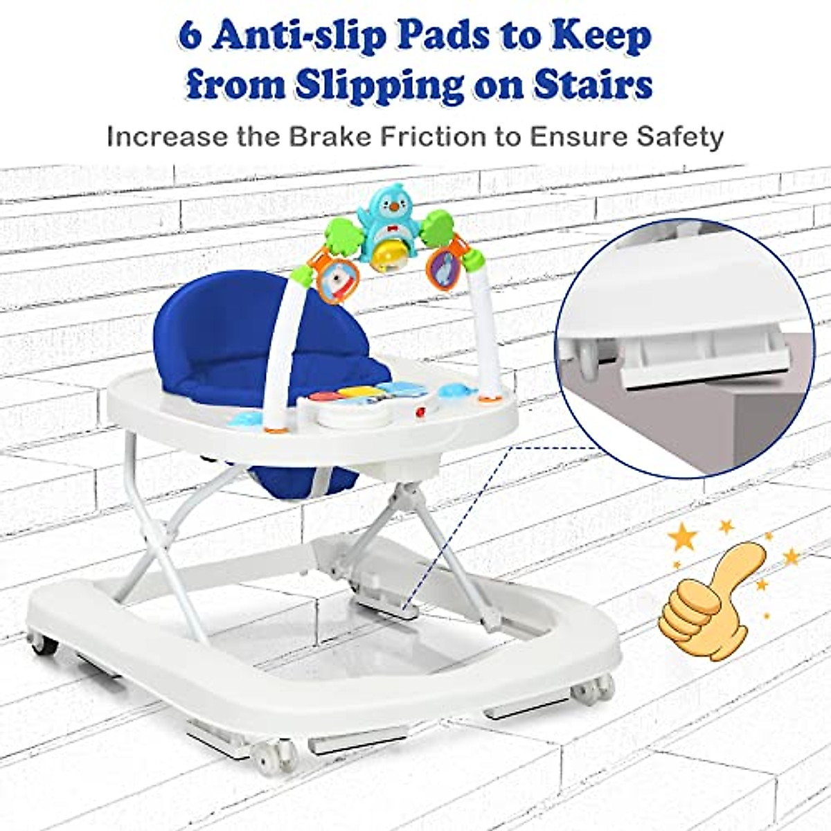 INFANS Foldable Activity Baby Walker, 2 in 1 Anti-Rollover Toddler Walker Helper with Adjustable Height and Speed Safety Belt, Music Center for Boys and Girls (Blue)