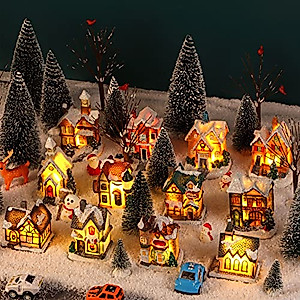 Kajaia 12 Pieces Christmas Winter Houses Village with 12 Pieces Trees Lamp LED Lights Christmas Winter Village Town Buildings Accessories for Thanksgiving Halloween Village Figurine Desktop Decor