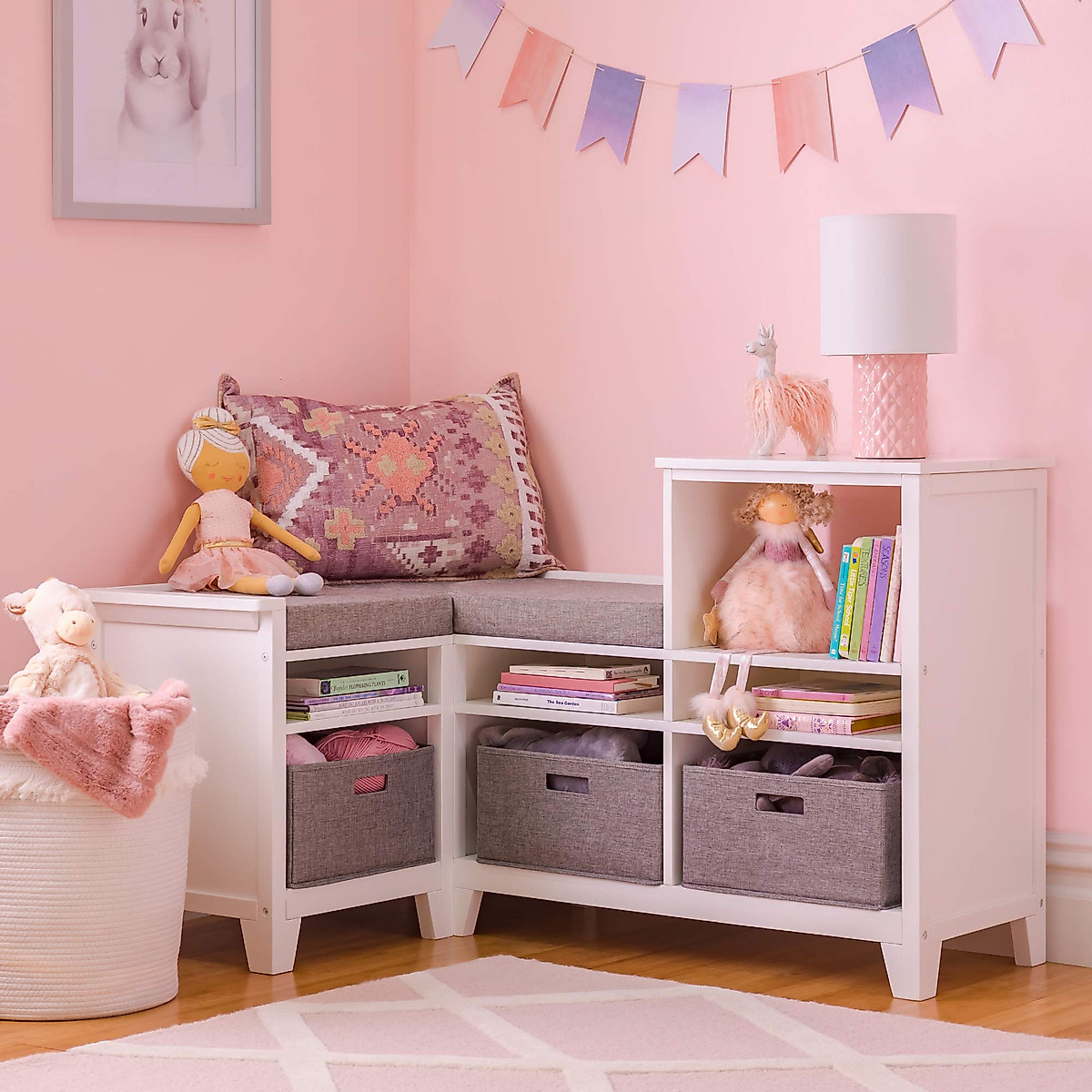 Martha Stewart Kids' Corner Nook - Creamy White: Wooden Storage Bench Bookcase Organizer with Seat Cushion and Fabric Bins for Reading in Bedroom or Playroom