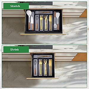 Silverware Drawer Organizer, Expandable Kitchen Drawer Organizer Utensil Drawer Organizer Cutlery Drawer Adjustable Utensil Tray Flatware Tray for Forks Spoons Knife Organizer(Large, Gray Black)