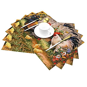 BOKEKANG Rooster Hen and Chickens Placemats Set of 4 PVC Roosters Table Mats Non-Slip Heat Resistant Chicken Place Mats Washable for Home Kitchen Dining Table