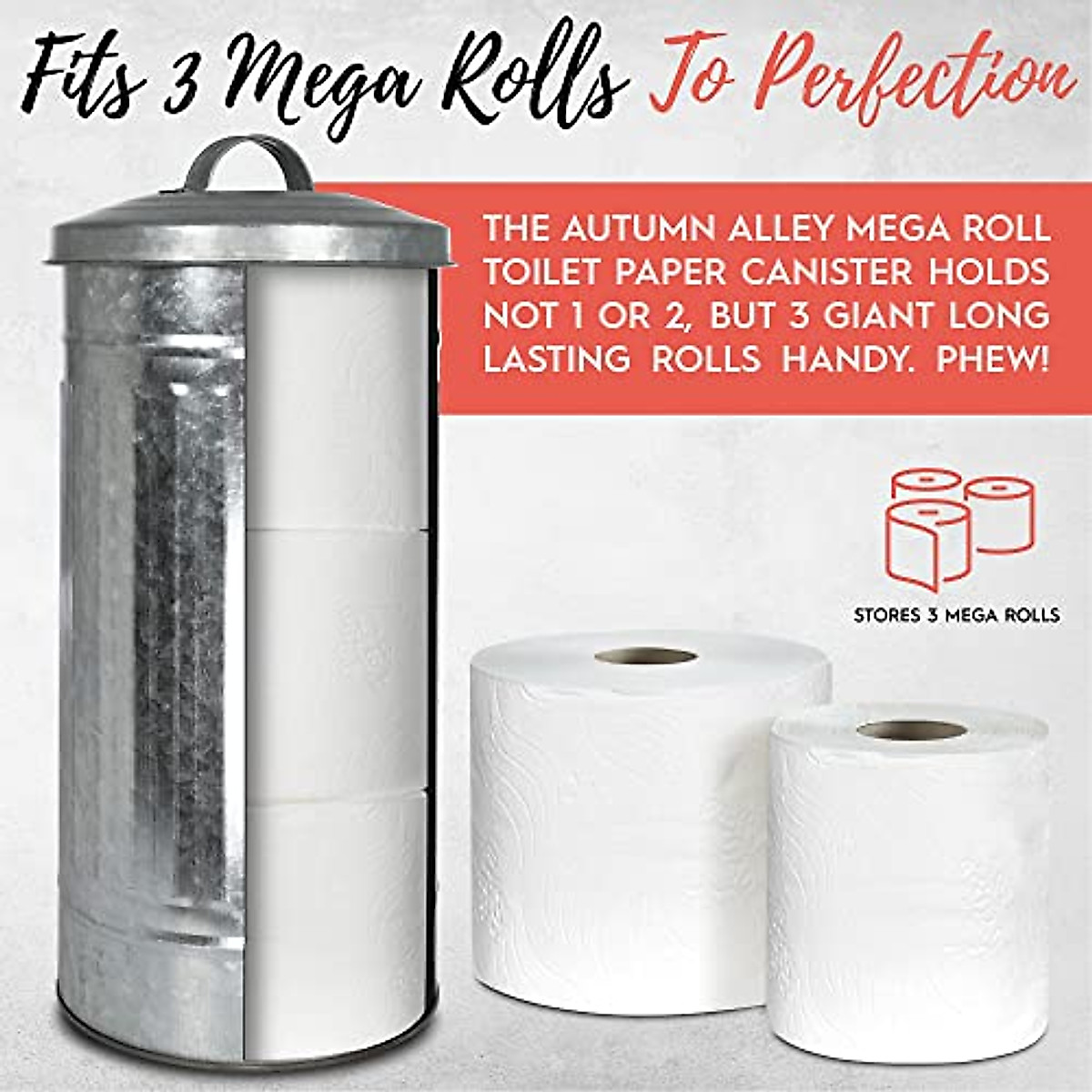 Autumn Alley Farmhouse Galvanized Metal Free Standing Toilet Paper Holder Organizer Stand Canister with Lid – Fits 3 Mega Rolls, Rustic Behind/Beside Toilet Storage Stand