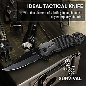 2,95” Serrated Blade Pocket Knife - Black Folding Knife with Glass Breaker and Seatbelt Cutter - Small EDC Knife with Pocket Clip for Men Women - Sharp Tactical Camping Survival Hiking Knives 6680