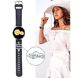 Galaxy Watch Band Charms (20mm Band Included) Compatible with Samsung Galaxy Watch 4 40mm 44mm, Bling Watch Band Charm Decorative Ring Loops with Engraved Sunflower Silicone Band, Black