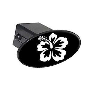 Hibiscus Flower White On Black Oval Tow Trailer Hitch Cover Plug Insert 2"