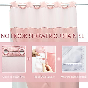 VIUOON No Hook Waffle Weave Shower Curtain with Snap-in Fabric Liner Set, Hotel Style with See Through Top Window, 230GSM Heavy Duty Fabric, Waterproof & Washable for Bathroom, 71W x 74H, Pink