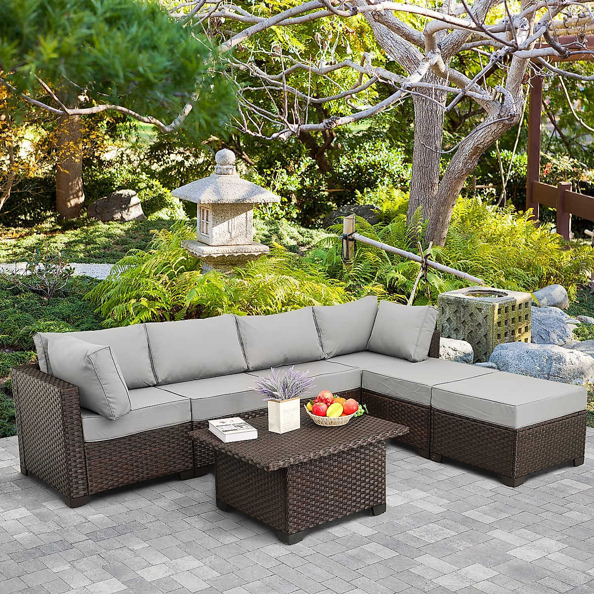 Outdoor Patio Dark Brown Rattan 7 Piece Sectional Set PE Wicker Conversation Sofa with Liftable Storage Table, Non-Slip 5" Thick Grey Cushion and Furniture Cover