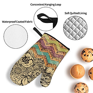 KLATIE Boho Oven Mitts and Pot Holders Sets of 4, Heat Resistant Hot Pad, Bohemian Style BBQ Gloves for Kitchen, Cooking, Baking, Grilling