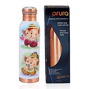 PRURA Pure Printed Copper Water Bottle - Leak Proof Ayurvedic Drinkware Copper Vessel for Sports, Gym, Outdoors, Yoga, Health Benefits (30 oz)
