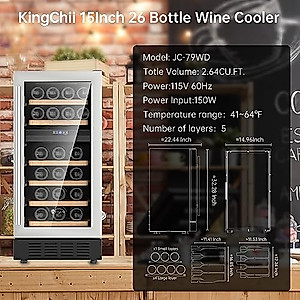 KingChii 15 Inch 26 Bottle Dual Zone Wine Cooler Refrigerator Professional Compressor, Stainless Steel & Tempered Glass For Red Wine, Champagne - Built-in or Freestanding for Home, Kitchen, or Office