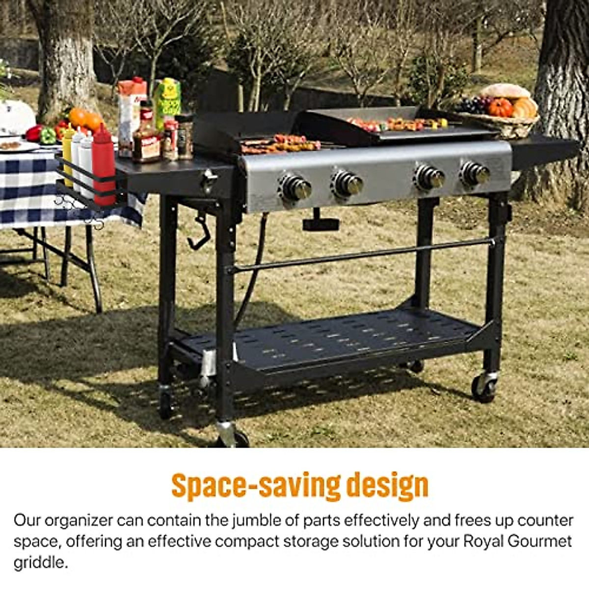 RUSFOL Upgraded Stainless Steel Griddle Caddy for Royal Gourmet 24'' Charcoal&Propane Gas Griddles, with an Allen Key, Space Saving BBQ Accessories Storage Box, Free from Drill Hole&Easy to Install