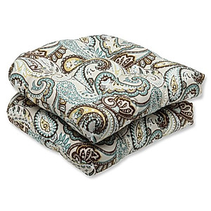 Pillow Perfect Paisley Indoor/Outdoor Chair Seat Cushion, Tufted, Weather, and Fade Resistant, 19" x 19", Blue/Brown Tamara Quartz, 2 Count