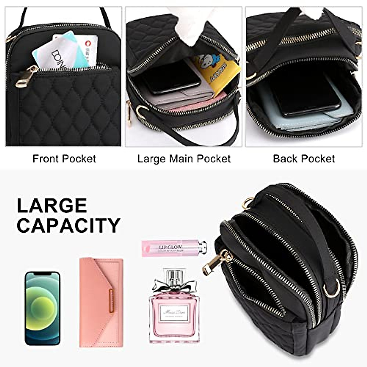 Voikukka Black Designer Cell Phone Crossbody Bag iphone Purse with Shoulder Strap Quilted Crossbody Phone Wallet Telephone Handbag Smartphone Pouch