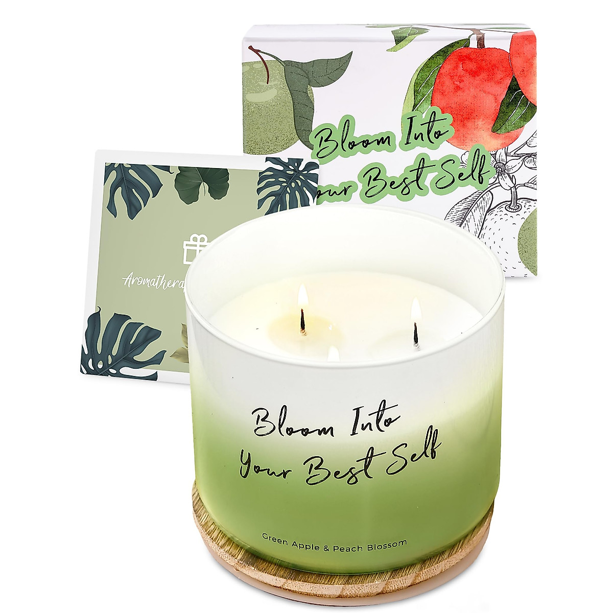 Green Apple Peach Blossom Candle | Natural Soy 3-Wick Scented Candle Large 15.8 oz | Apple Scented Candle | Bloom Into Your Best Self Holiday Candle Gifts, Aromatherapy Relaxing Candle for Women & Men