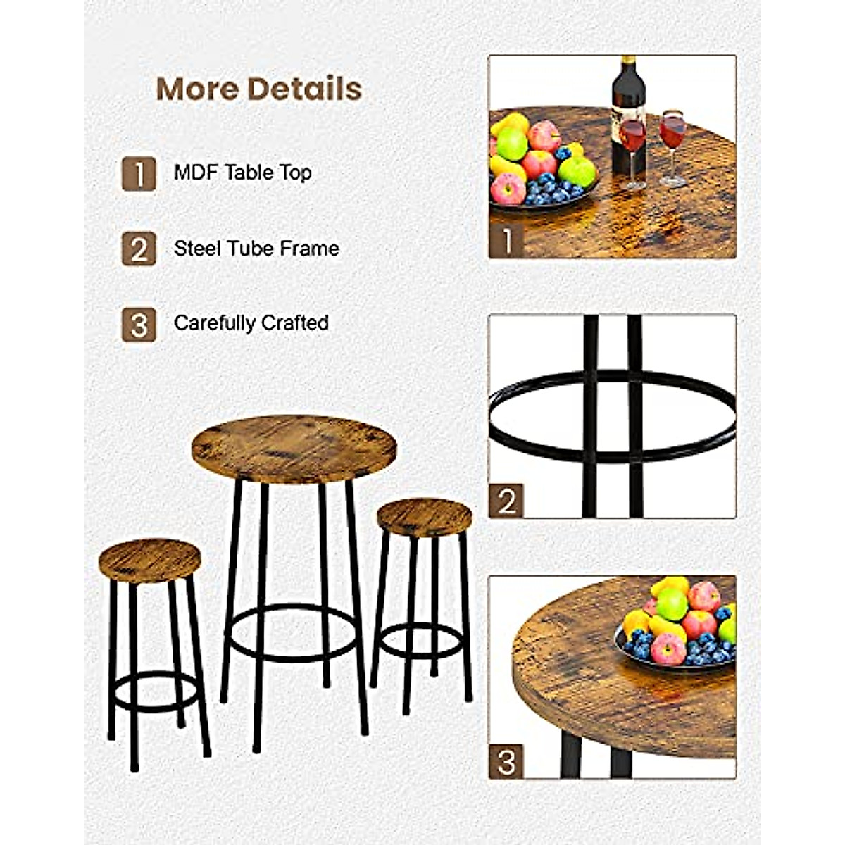 Recaceik 3 Piece Pub Dining Set, Modern Round bar Table and Stools for 2 Kitchen Counter Height Wood Top Bistro Easy Assemble for Breakfast Nook Living Room Small Space Restaurant, Rustic Brown 23