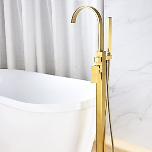 Sevenfalls 8018 Floor Mount Freestanding Bathtub Faucet Single Handle Tub Filler with Handheld Shower, Brushed Gold