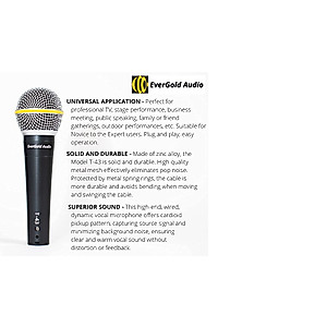 EverGold Dynamic Microphone Bundle, Professional Karaoke Microphone with 15ft XLR (Male to Female) Cable, Durable Vocal Handheld Microphone, Cardioid Wired Mic for Podcast, DJ, Singing (Model T-43)