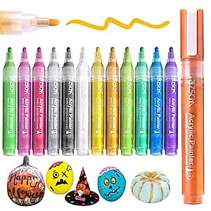 Paint Pens Acrylic Markers, ZSCM 12 Colors Paint Markers for Halloween Pumpkin Painting, Metallic Art Marker, for Adults Card Making, Rocks Painting, Wood Slices, School Supplies