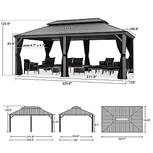 PURPLE LEAF 12' x 20' Permanent Hardtop Gazebo with Galvanized Steel Double Roof and Aluminum Frames Outdoor Large Pavilion Gazebo for Patio Deck Garden, Netting and Curtains Included, Light Grey