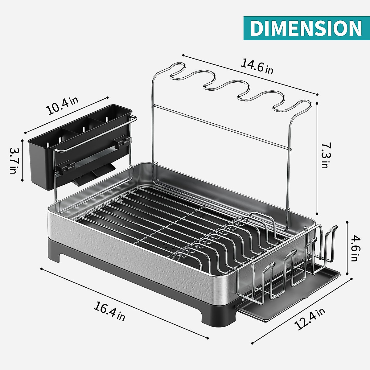 Urackify Dish Drying Rack for Kitchen Counter, 304 Stainless Steel Dish Rack, Multi-Function Dish Drainer with Wine Glass Holder, Large Dish Strainer with Cup Holder, Cutlery Holder, Large Size