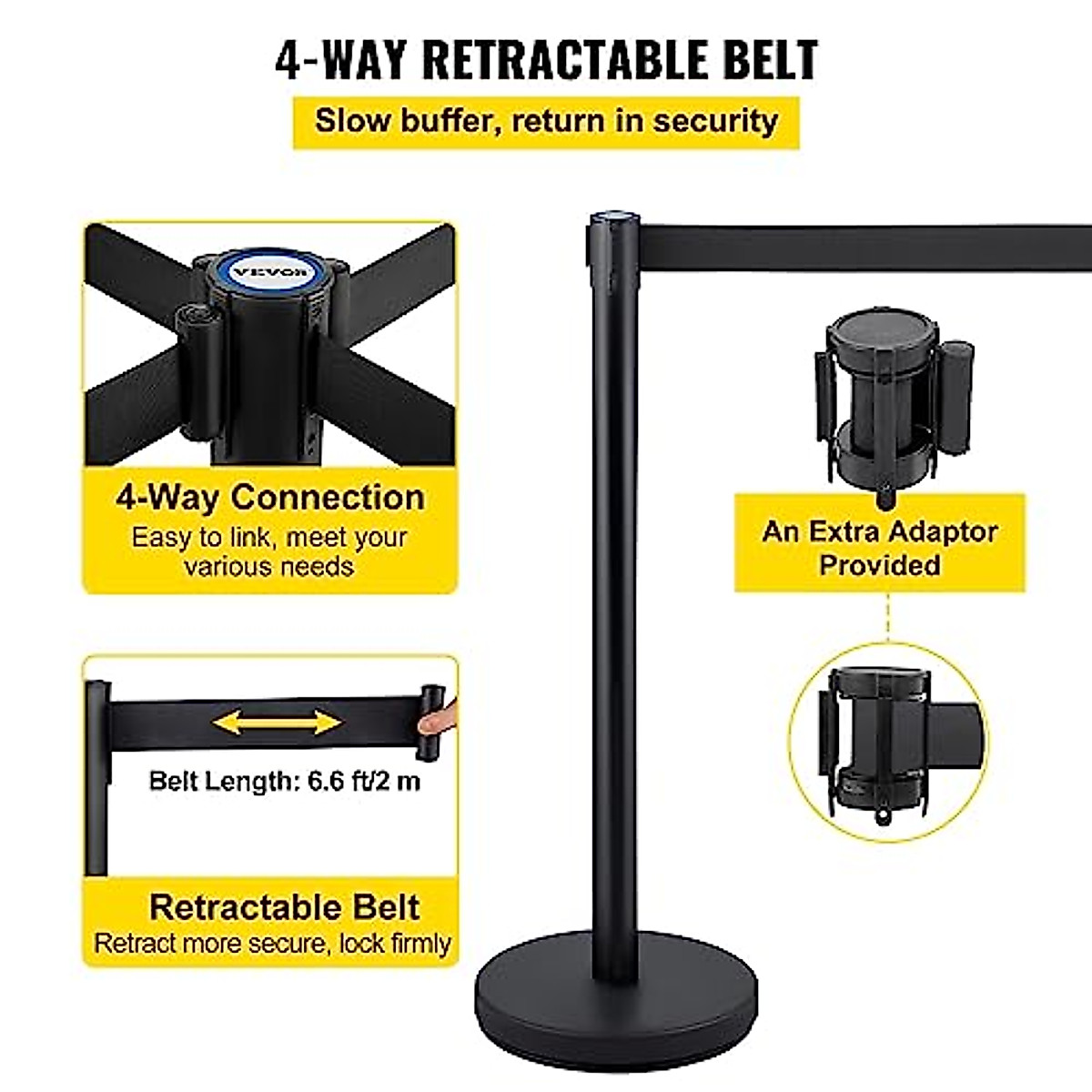 VEVOR Crowd Control Stanchion Set, Stanchion Set with 6.6 ft/2 m Black Retractable Belt, Black Crowd Control Barrier w/Concrete and Metal Base - Easy Connect Assembly (4)