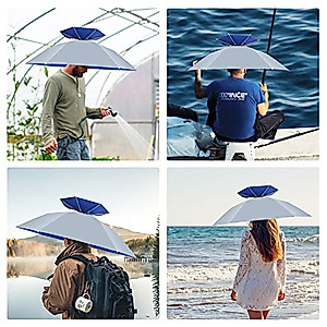 NEW-Vi Umbrella Hat Folding Adjustable Sun Rain Cap, 37.4” UPF 50+ UV Protection Large Hands Free Umbrellas, 7-Ribs Waterproof Headwear for Fishing Gardening Golf Sunshade Outdoor (Silver)