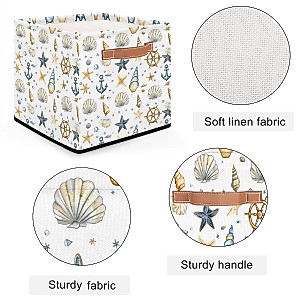 Tablerazzi Nautical Coastal Ocean Coral Cube Storage Bin, 13 Inch Collapsible Fabric Storage Cube Bin, Foldable Cube Baskets for Shelf, Closet, Organizer