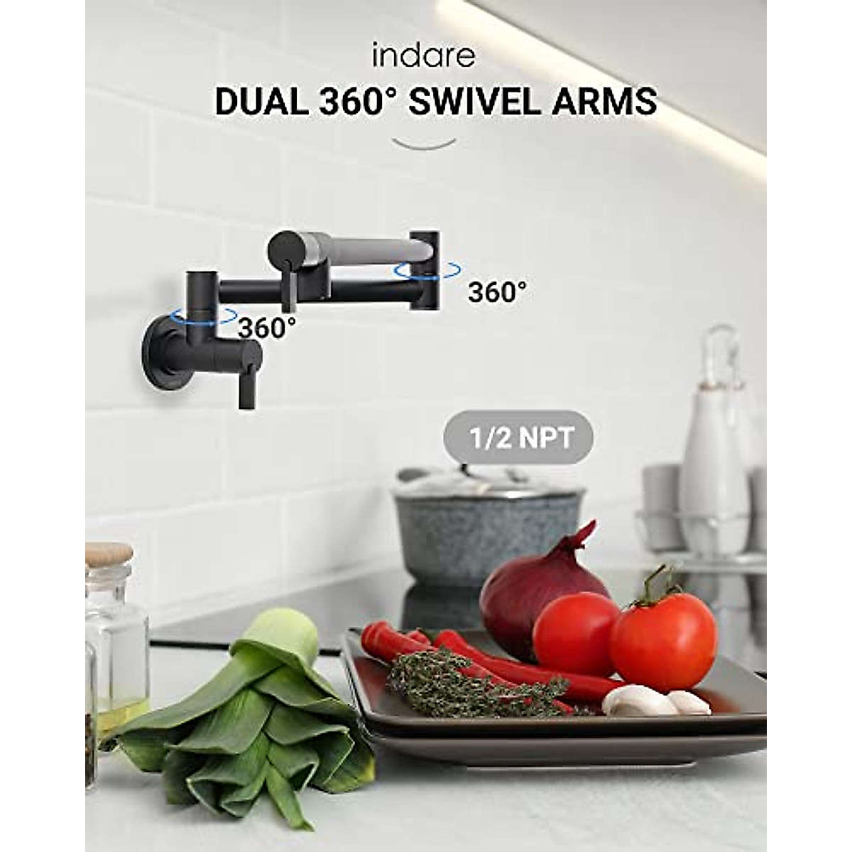 Indare Pot Filler, Pot Filler Faucet Wall Mount, Brass Pot Filler Folding faucets, Kitchen Pot Filler Faucet with Double Joint Swing Arms