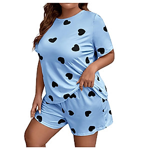 GORGLITTER Women's Plus Size 2 Piece Pajama Set Heart Print Short Sleeve Crewneck Tee with Shorts Pjs Set Light Blue 4X-Large Plus